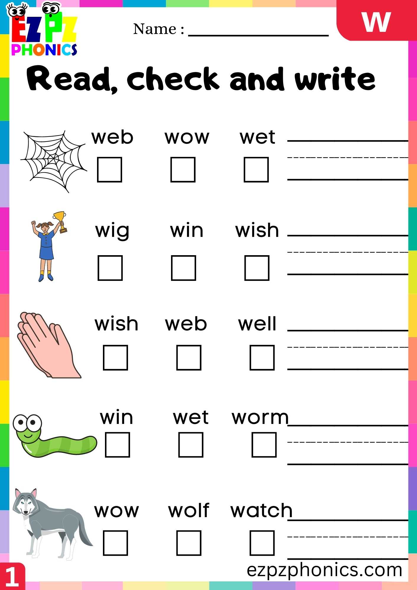 Letter W Read, Check And Write Beginning Sounds Worksheet - ezpzphonics.com